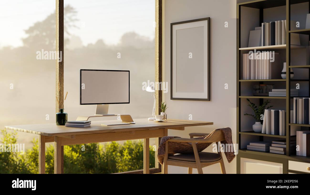 Minimal and comfortable home office workspace interior design with pc ...