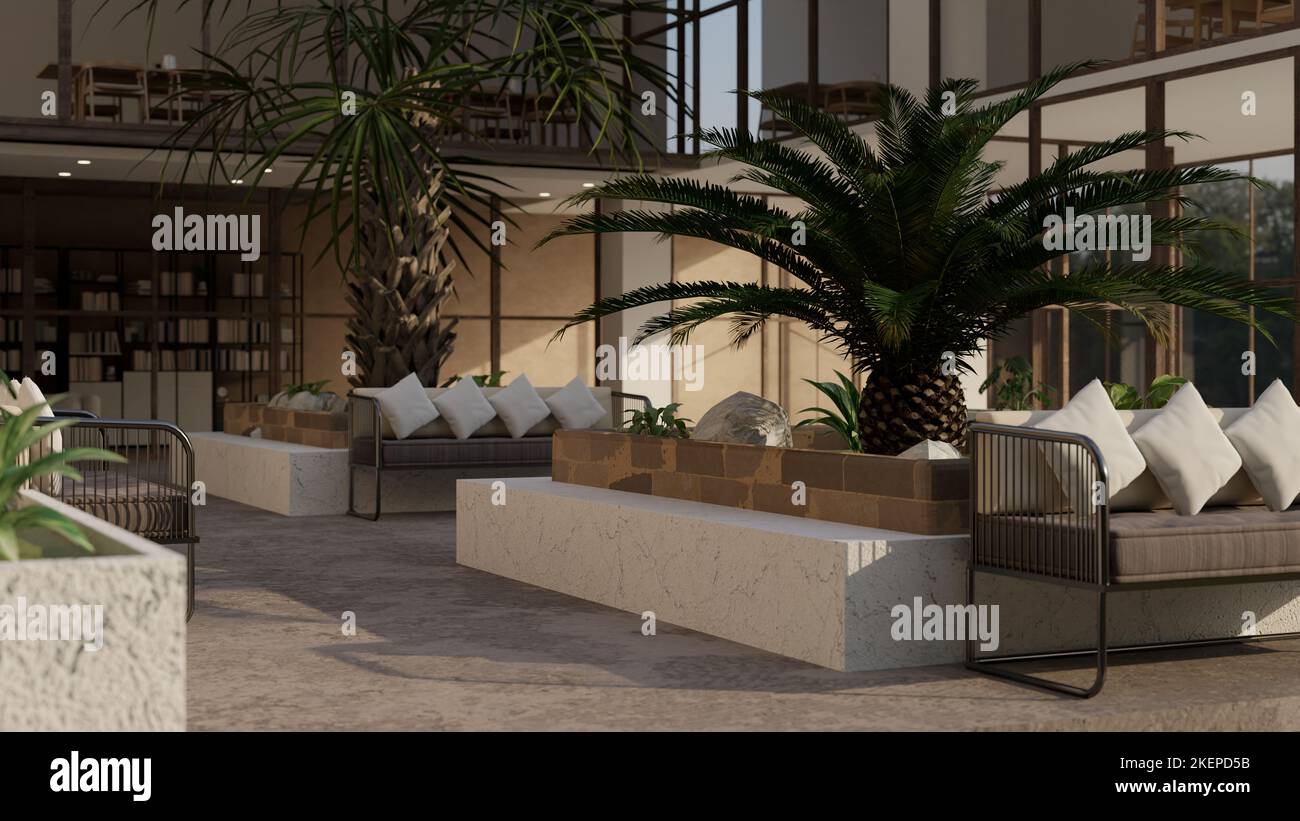 Relaxing area in modern contemporary building exterior design with ...