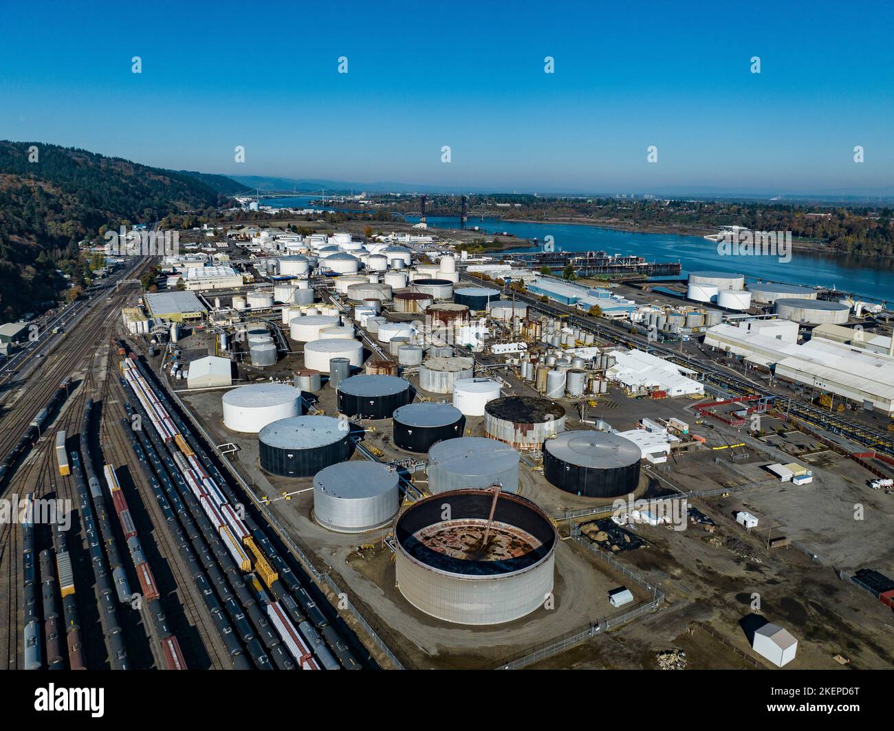 Petroleum and chemical tank farms along a busy rail yard on the ...