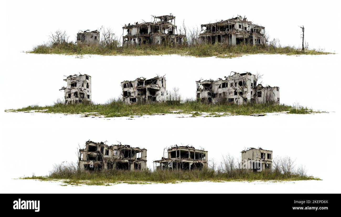 collection of destroyed buildings, post-apocalyptic overgrown houses ...