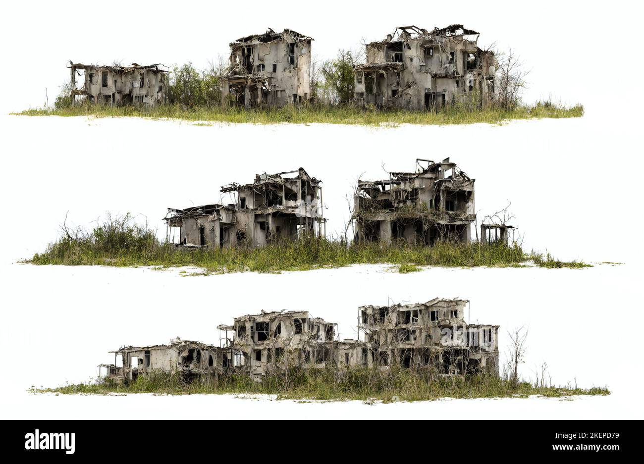 collection of destroyed buildings, post-apocalyptic overgrown houses ...