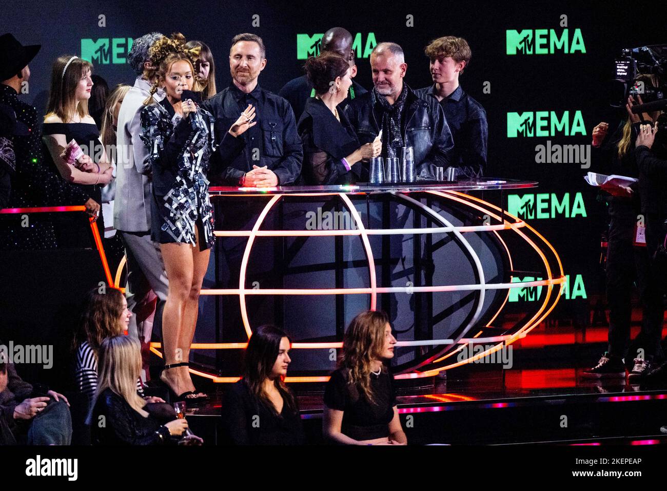 Rita Ora and David Guetta attending the 2022 MTV EMAs show at the PSD Bank Dome in Dusseldorf ...