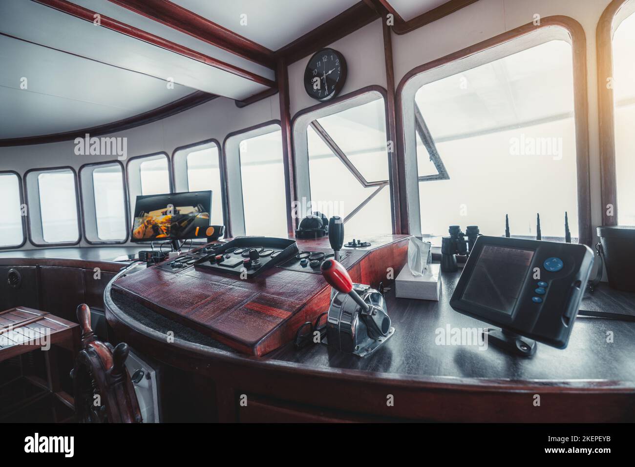 A wide-angle perspective view of a vessel dashboard with plenty of ...