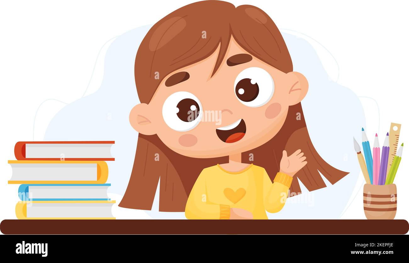 Joyful cute girl schoolgirl sits at table with textbooks and pencils ...