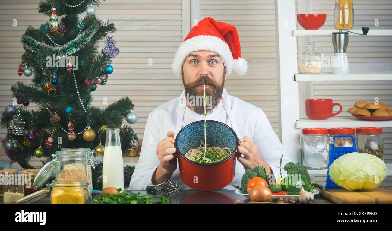 Santa man cook chef. Christmas banner with cooking man Stock Photo - Alamy