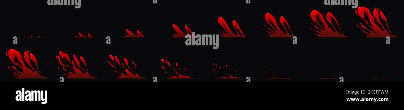 Blood splash sprite sheet for game or animation. Vector storyboard of cartoon motion sequence of ...