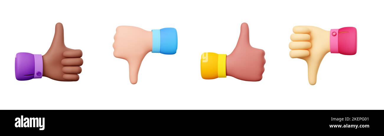 3D set of multiethnic thumbs up and down hands isolated on white ...