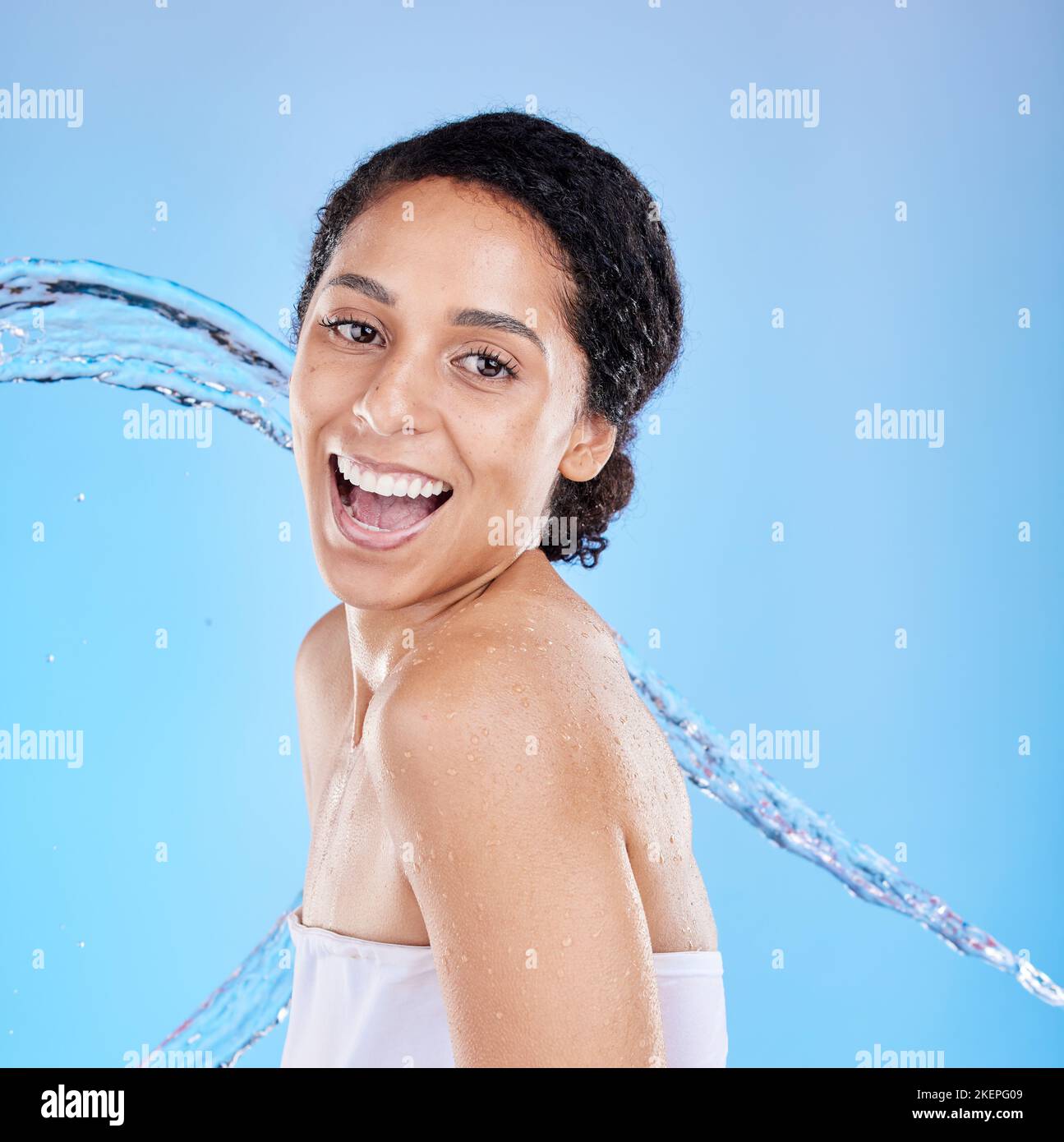 Skincare, beauty and water splash with portrait of woman for shower ...
