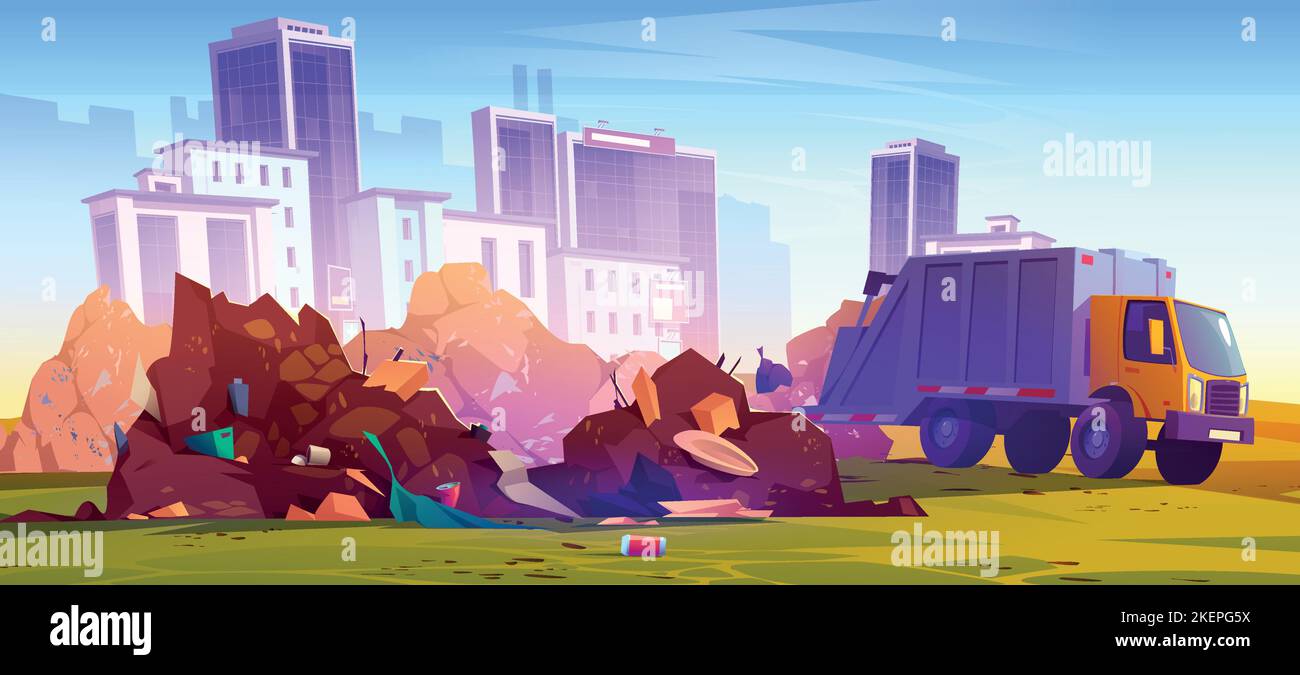 Garbage truck dumping rubbish at cityscape background. Wastes disposal ...