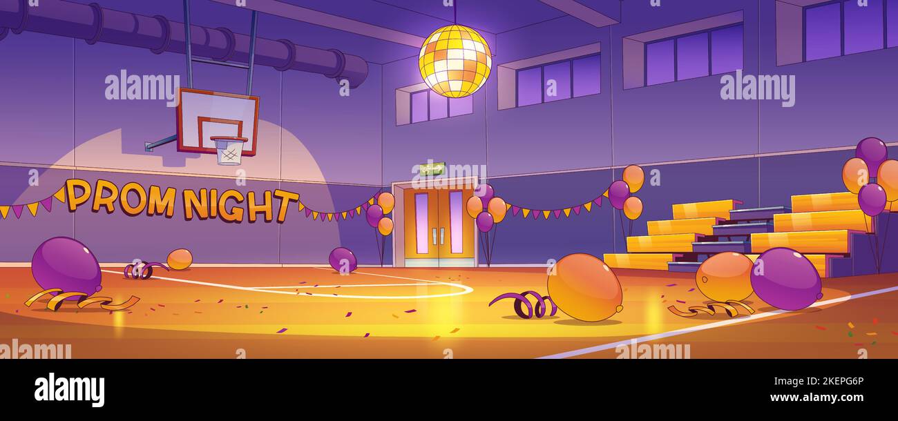 School gymnasium hall after prom night celebration. Empty dark college ...