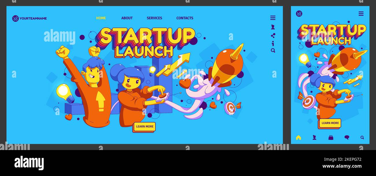 Startup launch banner with flying rocket, happy people and growth graph ...