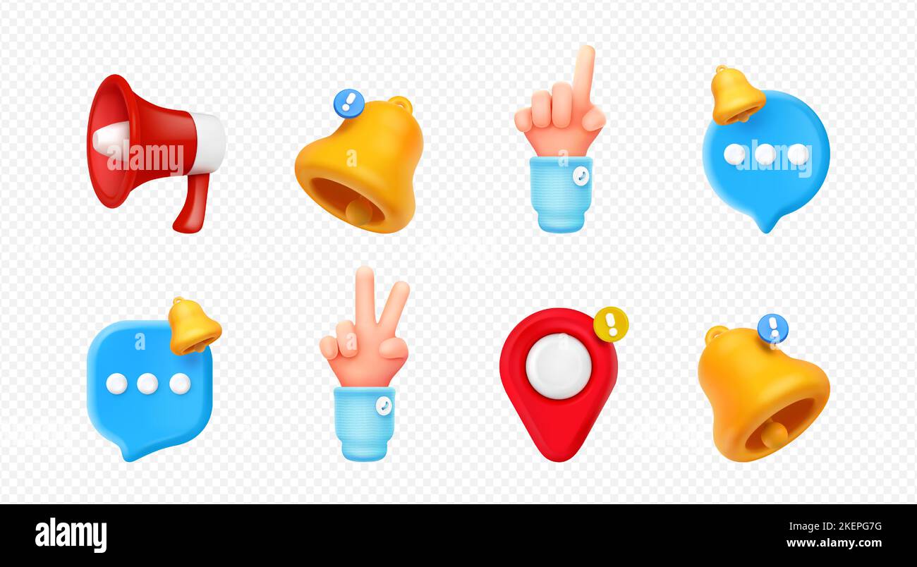 3d render notification and reminders social media icons. Bell, message ...