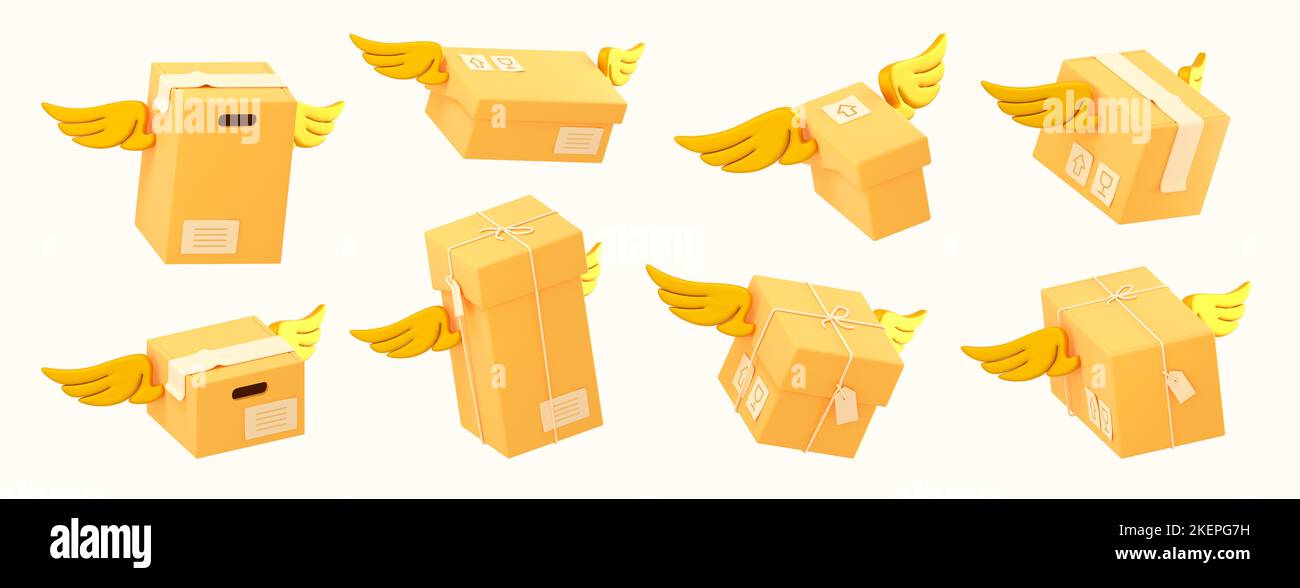 3d render delivery box with golden wings in flight. Brown winged ...