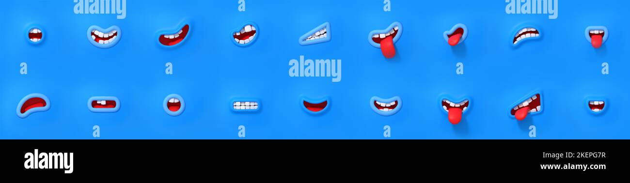 3d render mouths set, funny monster or cute cartoon personage different ...