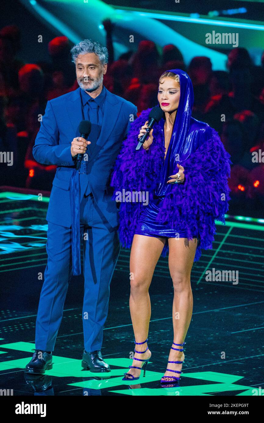 Rita Ora and Taika Waititi attending the 2022 MTV EMAs show at the PSD ...