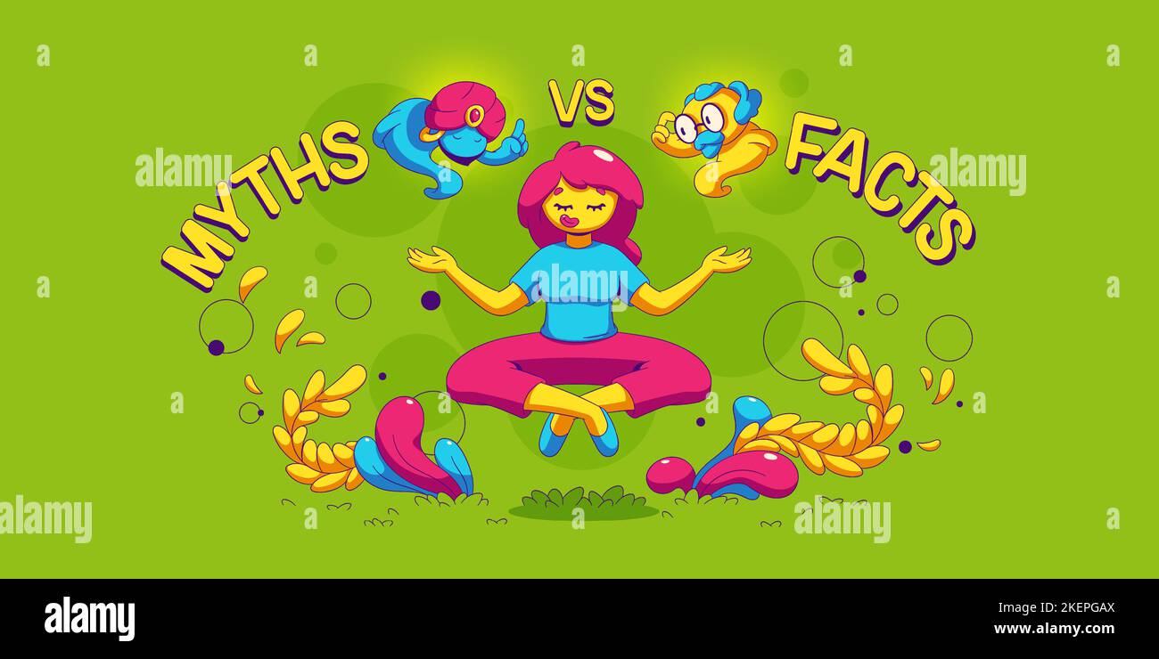 Myths vs facts concept. Woman meditate floating in air in lotus posture ...