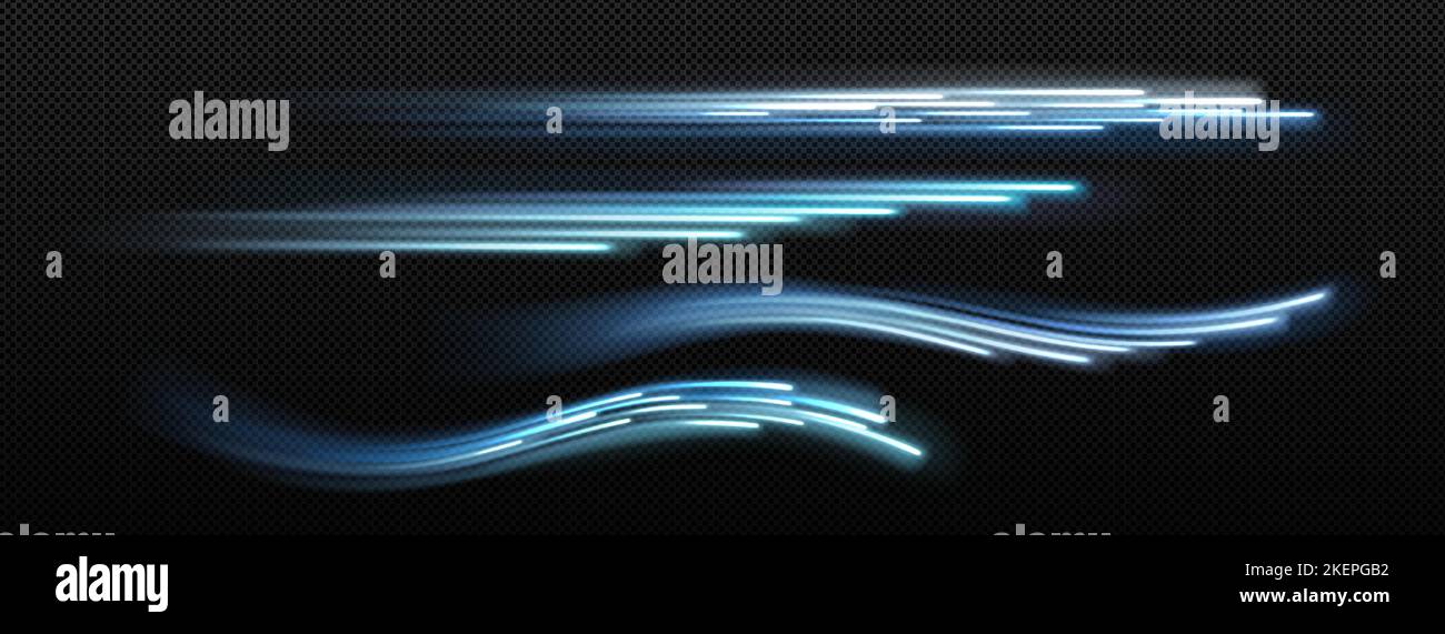 Realistic set of blue neon waves isolated on transparent background. Abstract straight and curvy ...