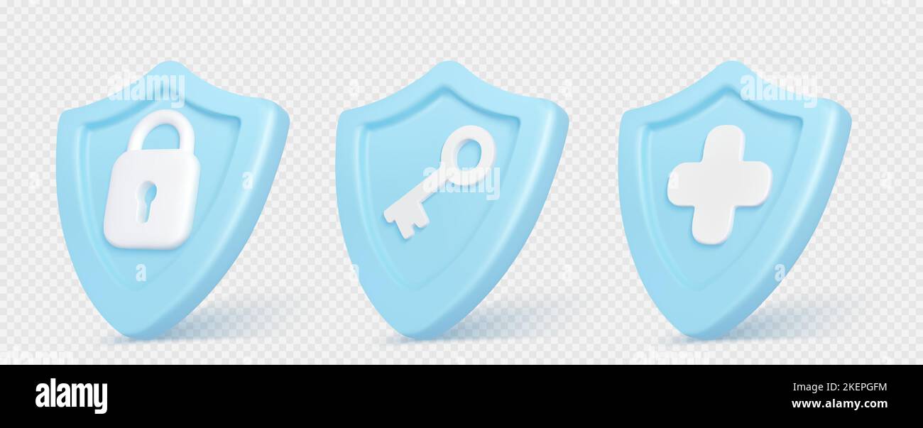 Icons of 3d shields with signs of plus, padlock and key. Concept of ...