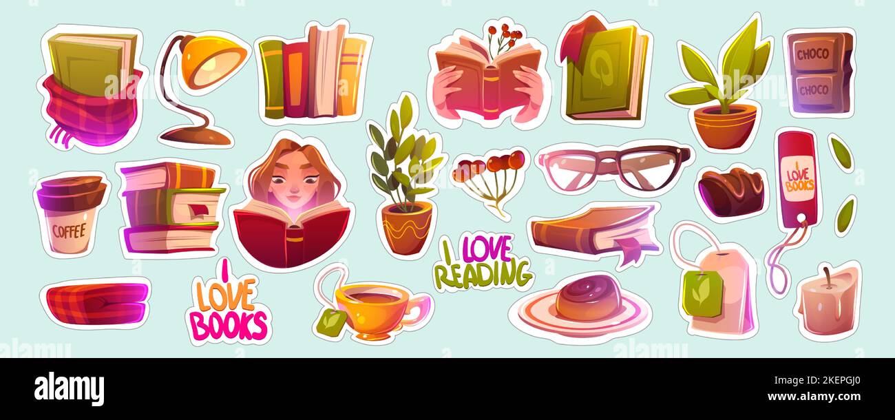 Stickers with books, reading girl, coffee, cup of tea, glasses, plants ...
