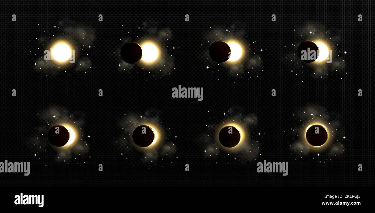 Solar Or Lunar Eclipse With Stars Different Phases Of Moon And Sun