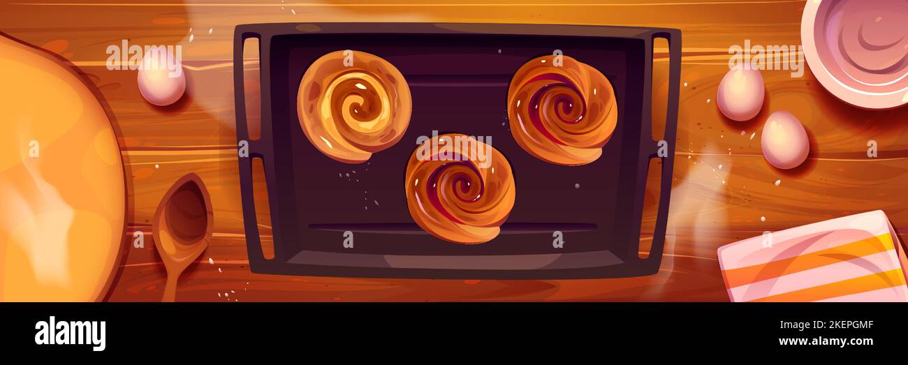 Kitchen table with baked buns on tray, ingredients and utensils for ...