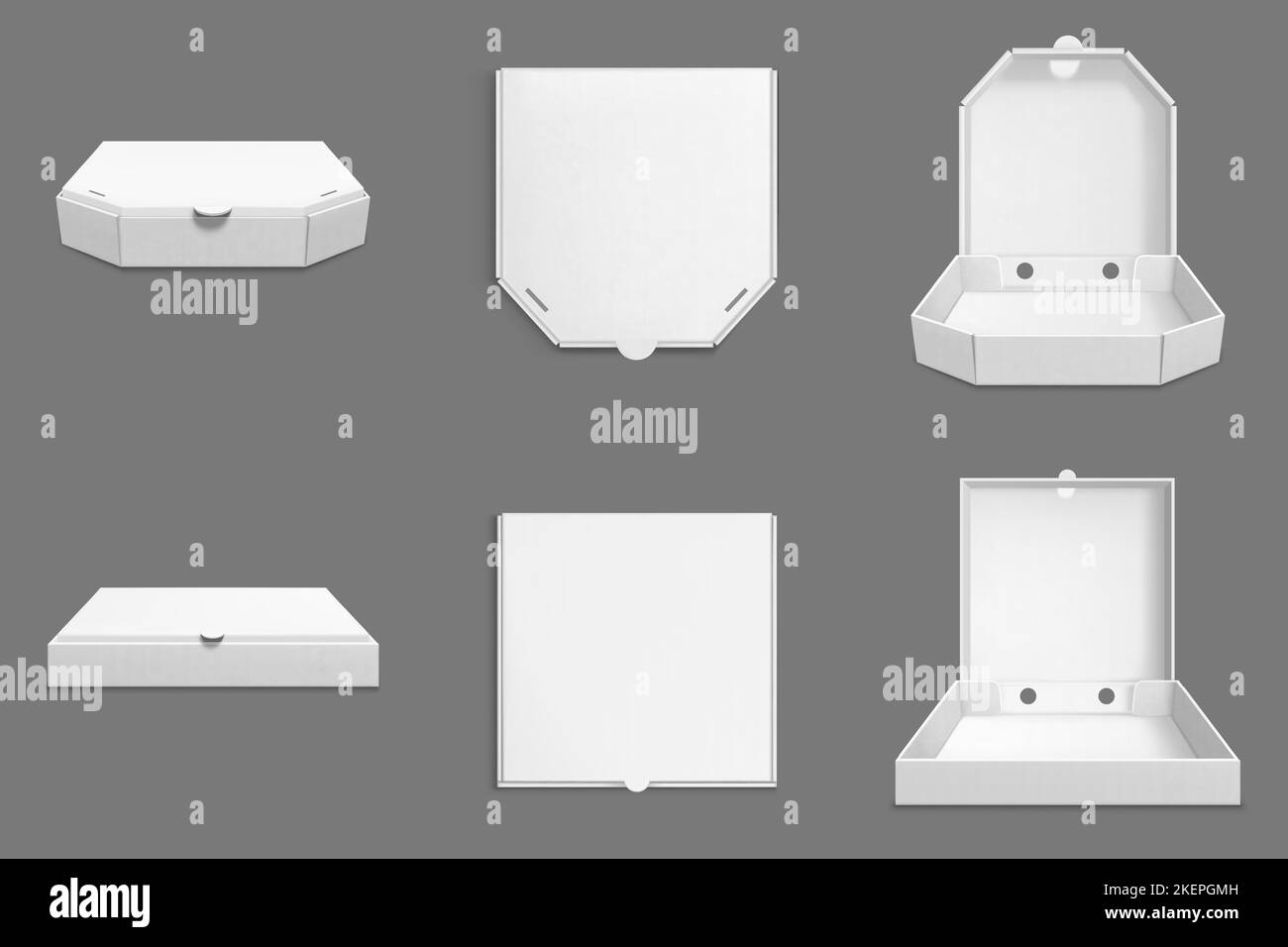 Empty cardboard pizza boxes with open and closed cover in front and top ...