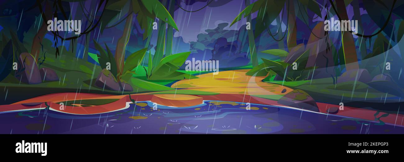 Rain in tropical jungle forest with lake. Summer rainforest landscape ...