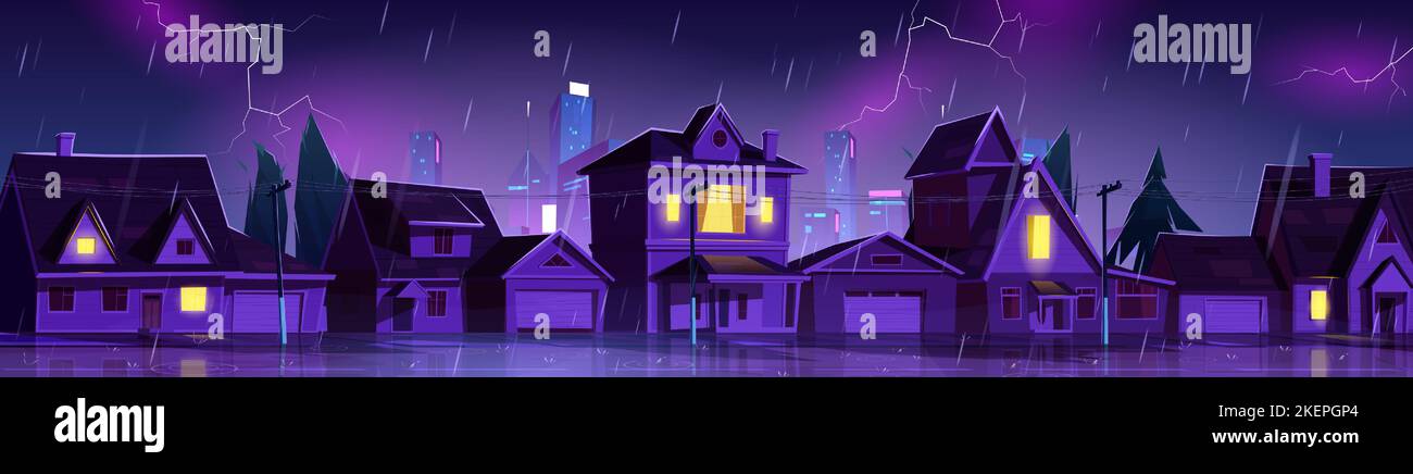 Flood in night suburban town with cottage houses. Natural disaster rain ...