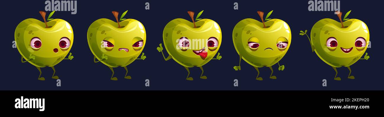 Cute green apple character face emoji set. Cartoon garden fruit facial ...