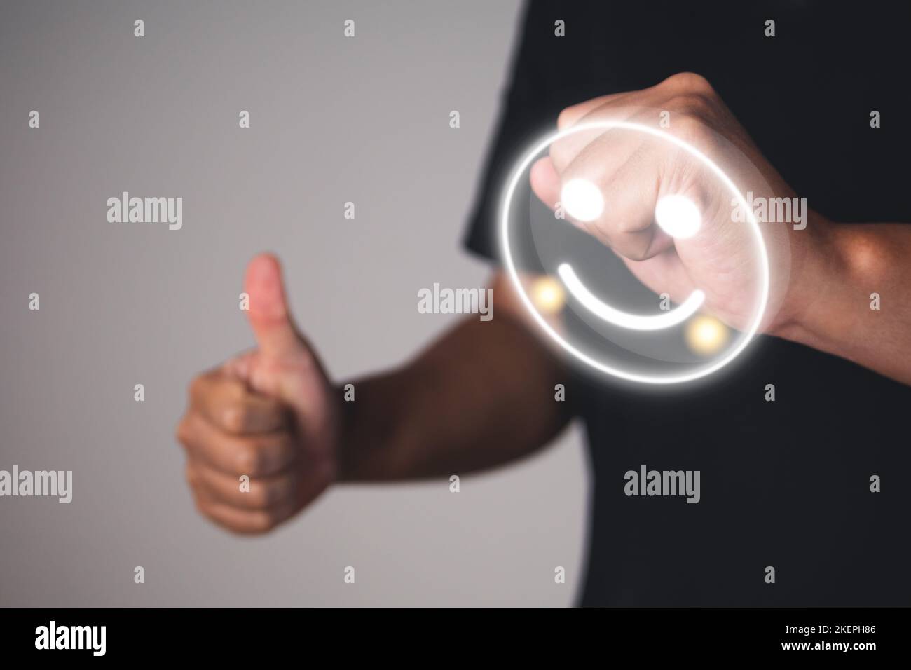 Evaluation and satisfaction concept. Hand shows thumb up and hammer ...