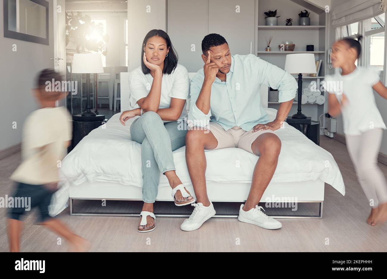 Children, parents and family home with mother and father feeling stress, depressed and burnout ...