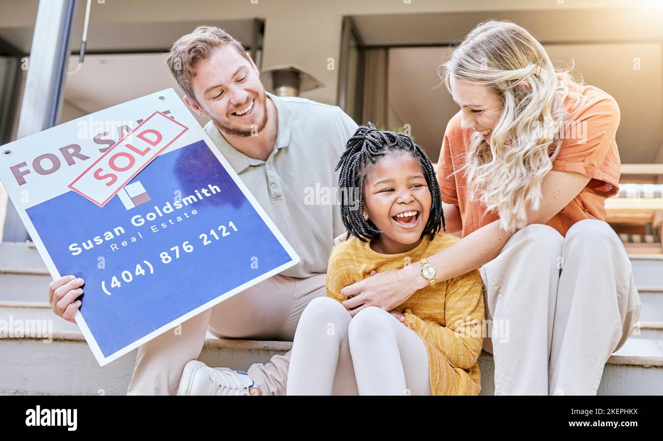 Adoption, family and new house smile, happy and homeowner together ...