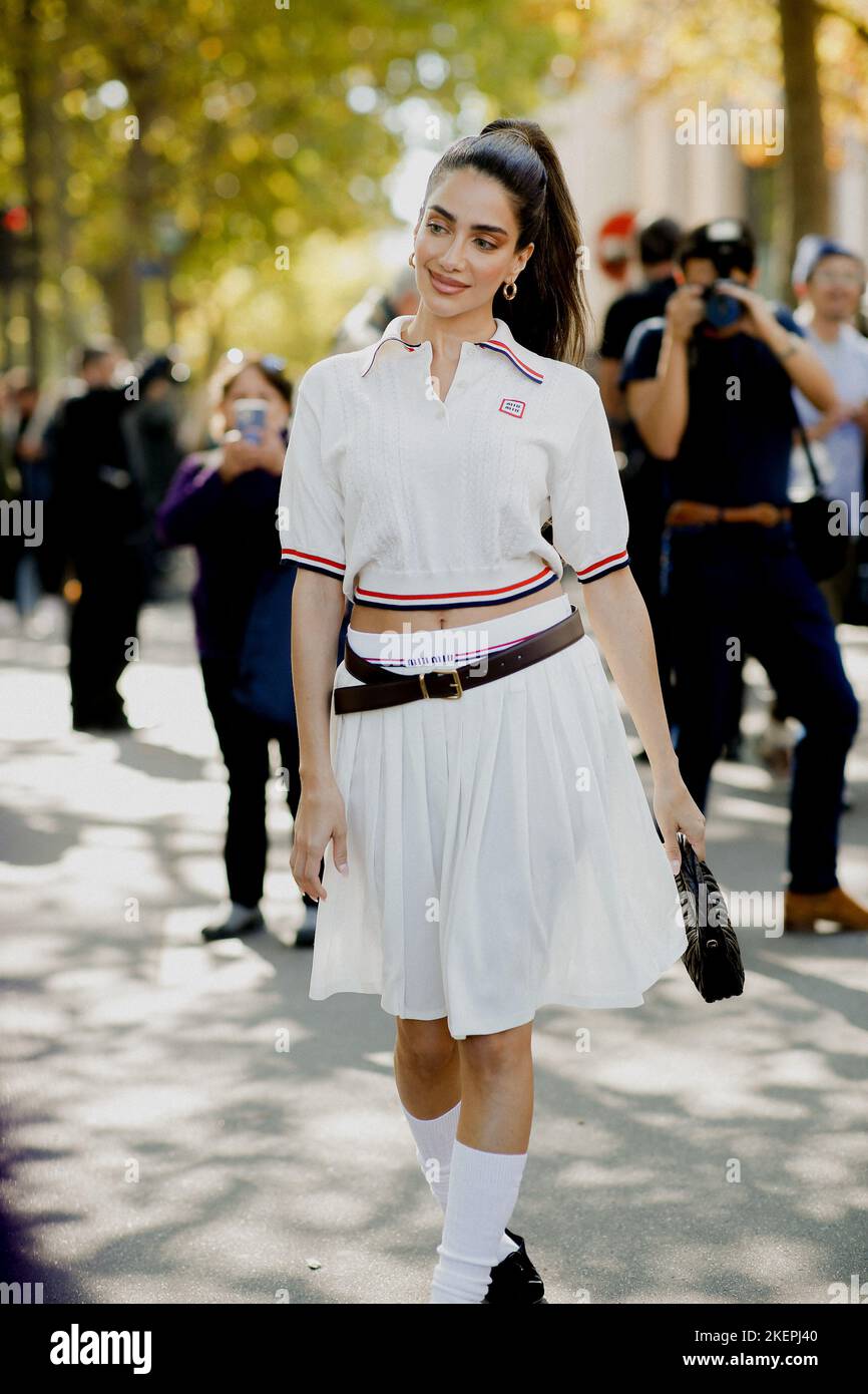 Street style, Jessica Kahawaty arriving at Miu Miu Spring Summer 2023 ...