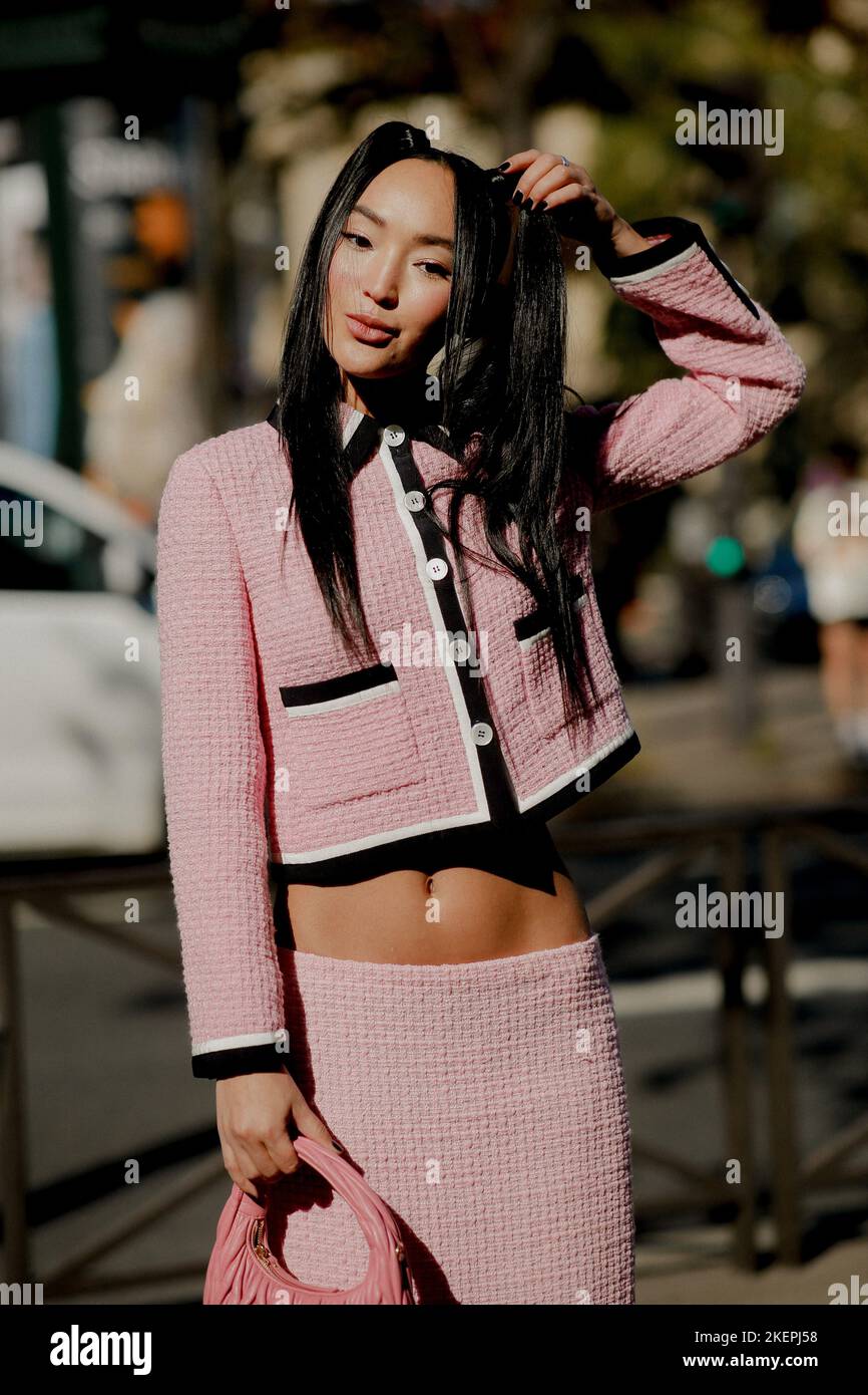 Street style, Korlan Madi arriving at Miu Miu Spring Summer 2023 show ...