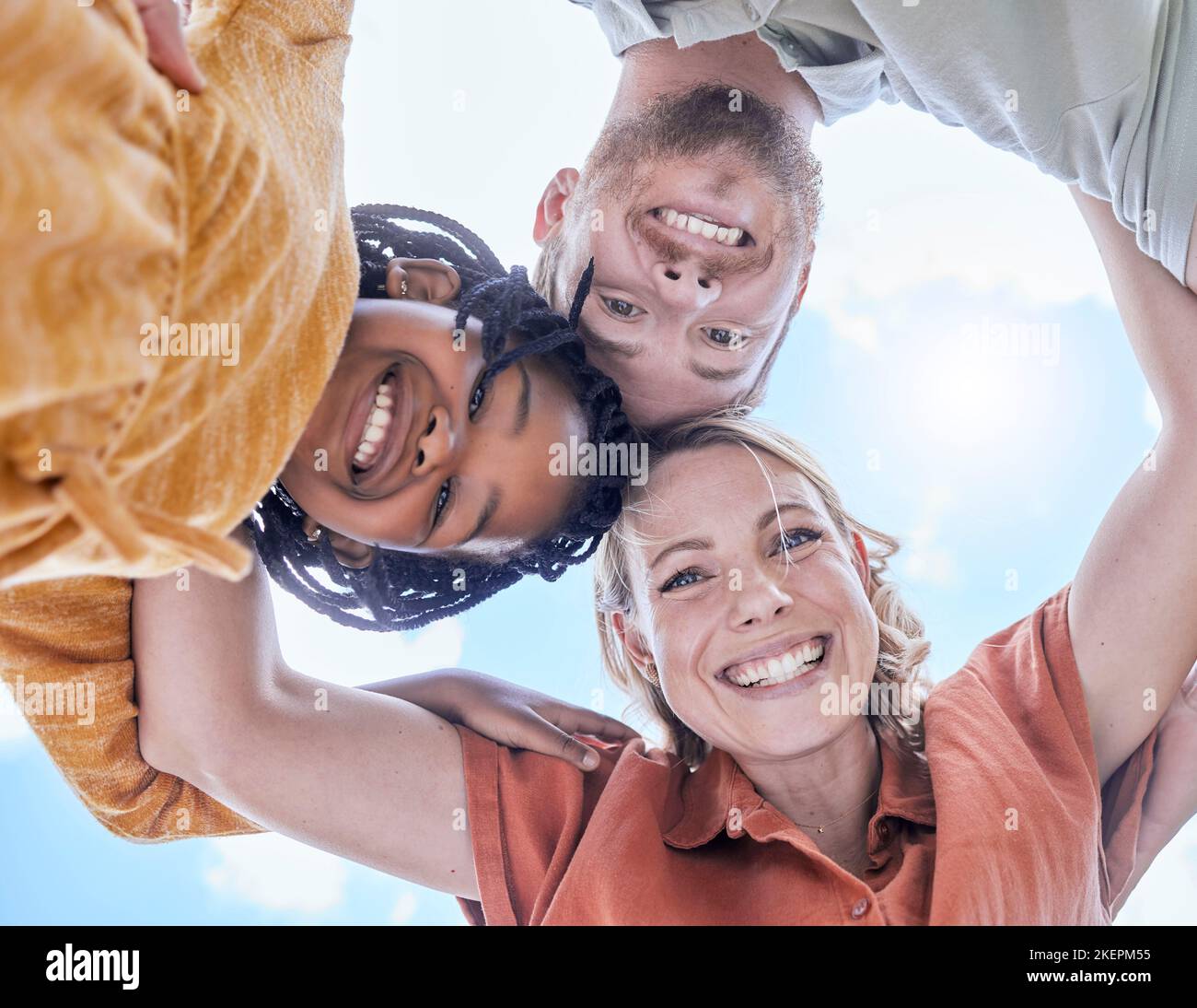 Love, bottom and happy family hug from adoption child, mother and ...