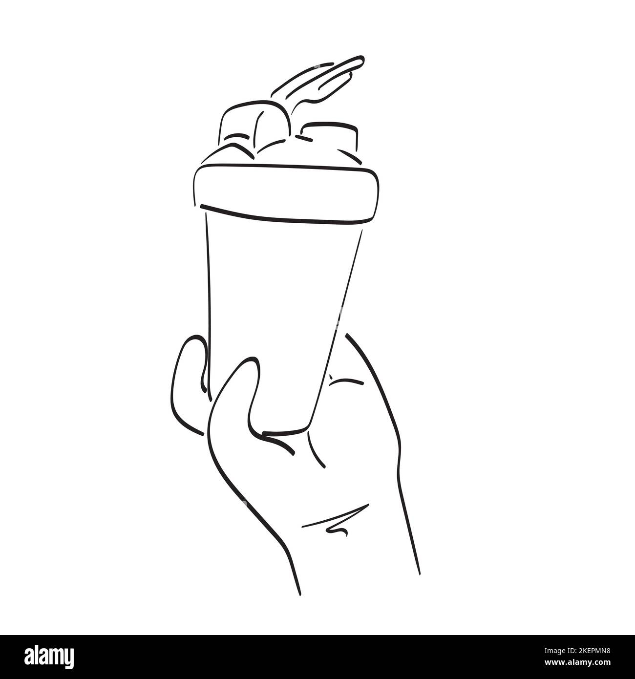 line art closeup hand holding protein shaker illustration vector hand ...