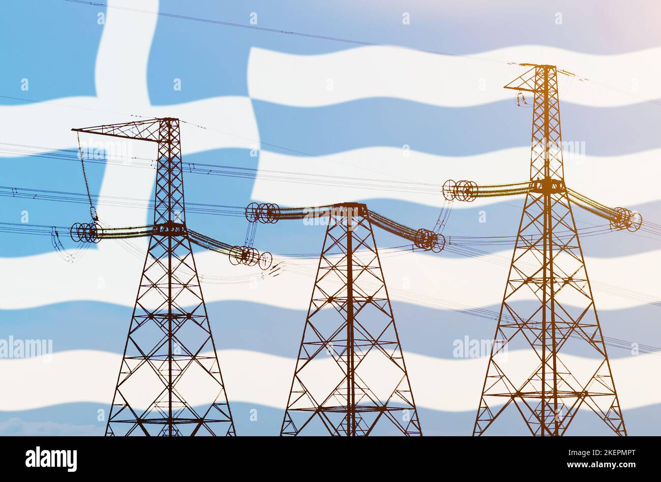 Industry and energy concept. Double exposure - power line, tower and ...