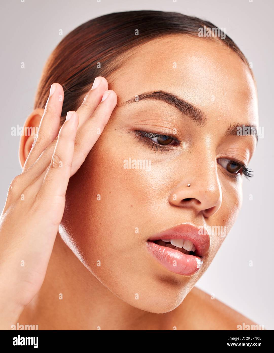 Beauty, makeup and hands on face of woman for microblading, cosmetology ...