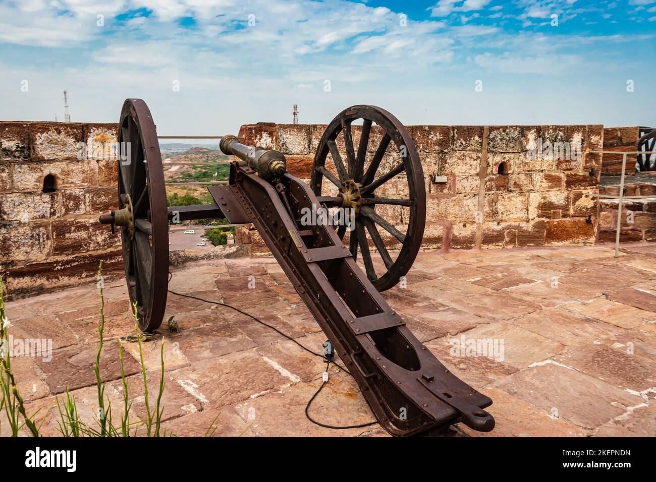 vintage cannon kept at top of the fort with bright sky from different ...