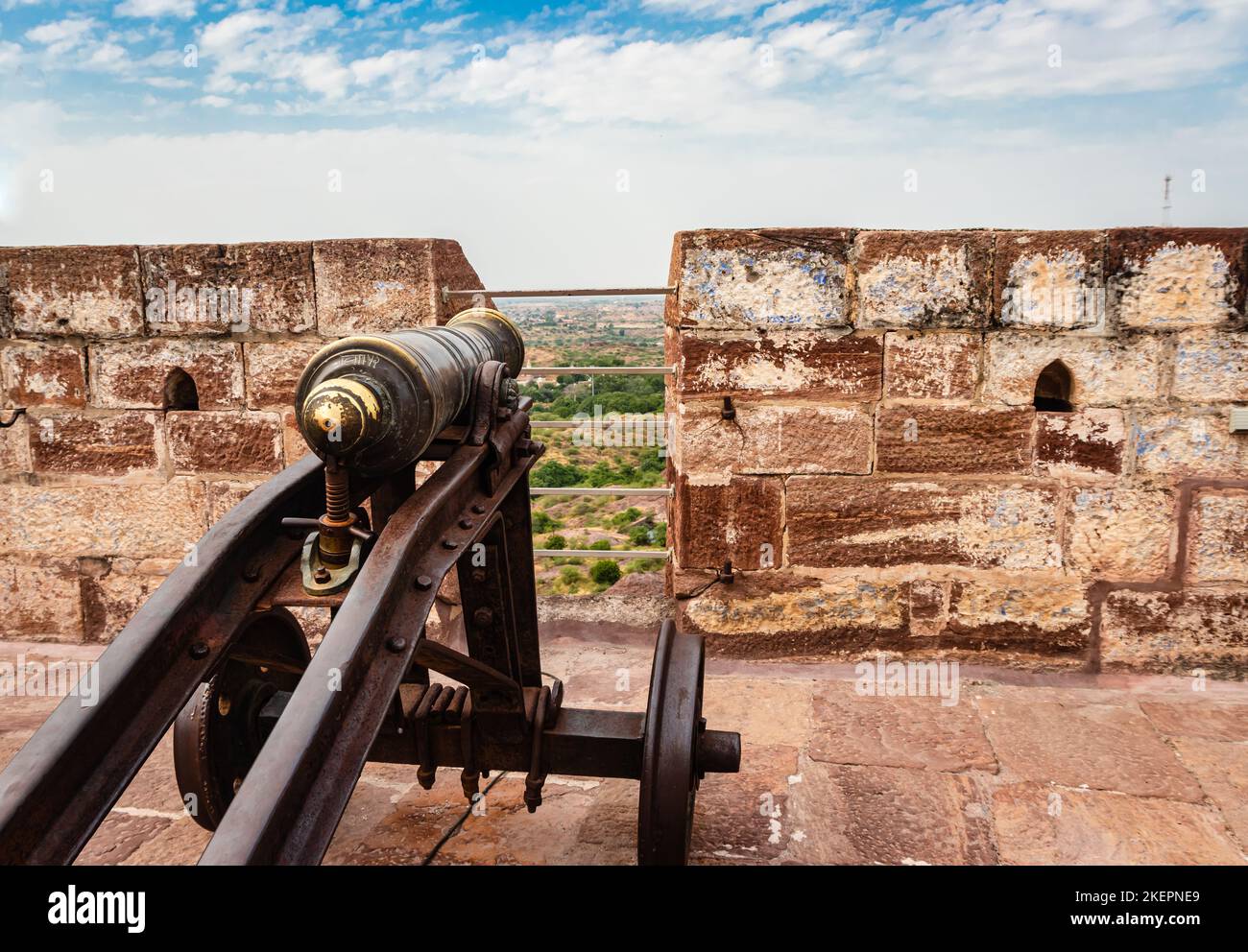 vintage cannon kept at top of the fort with bright sky from different ...