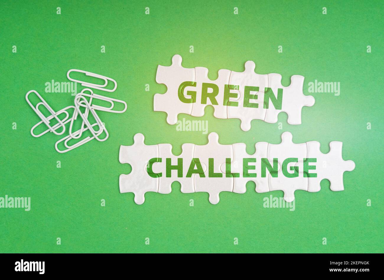 Ecology concept. On a green background, paper clips and white puzzles ...