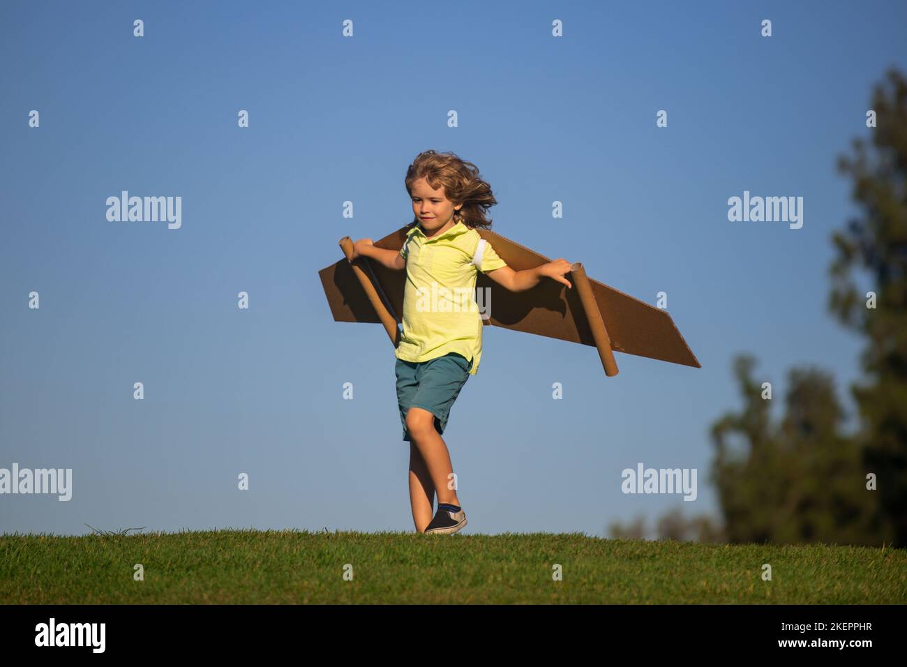Kid boy playing with cardboard wings. Child in summer field. Kids ...