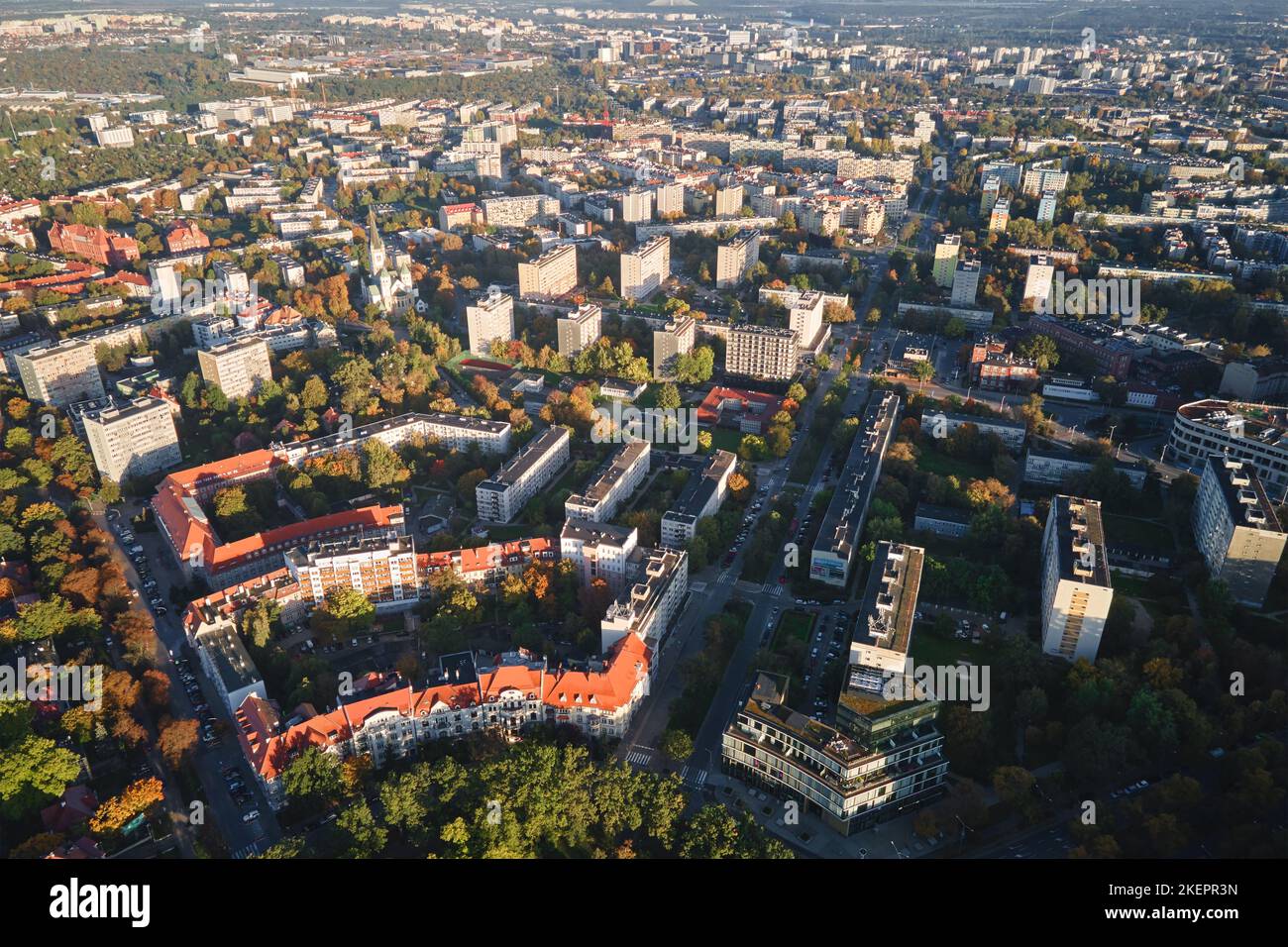 Bird eye view of residential buildings in city. Aerial view of Wroclaw ...