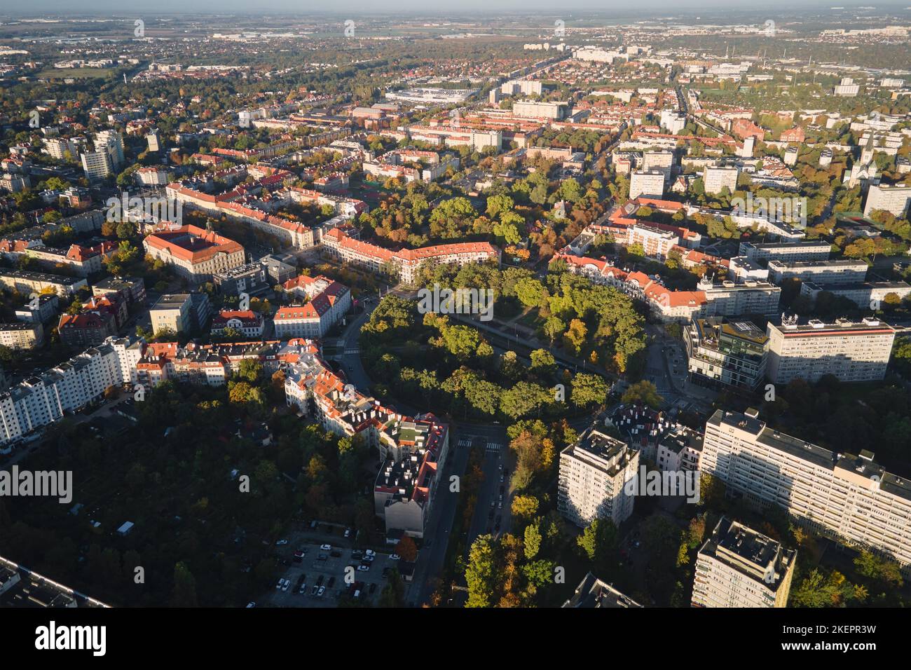 Bird eye view of residential buildings in city. Aerial view of Wroclaw ...