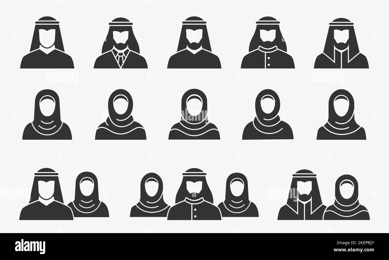 Arabic man and woman glyph icons set. Vector illustration Stock Vector ...
