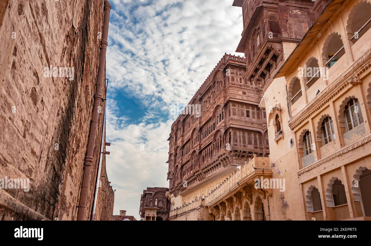 mehrangarh fort ancient king fort artistic design with bright blue sky ...