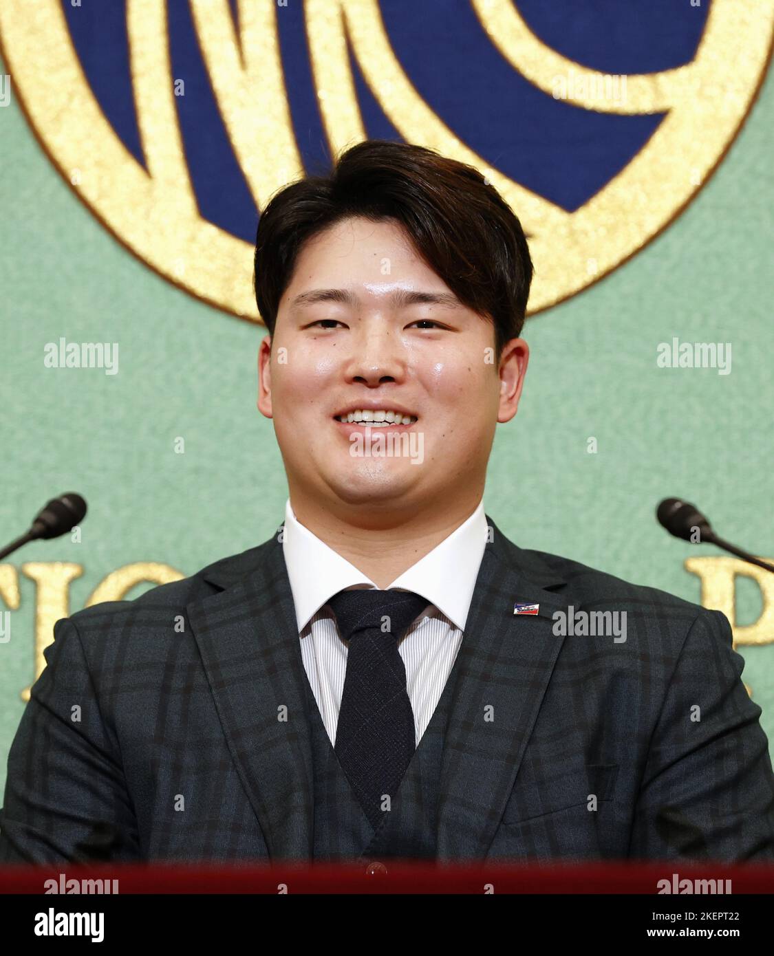 Yakult Swallows infielder Munetaka Murakami speaks at the Japan National Press Club in Tokyo on ...