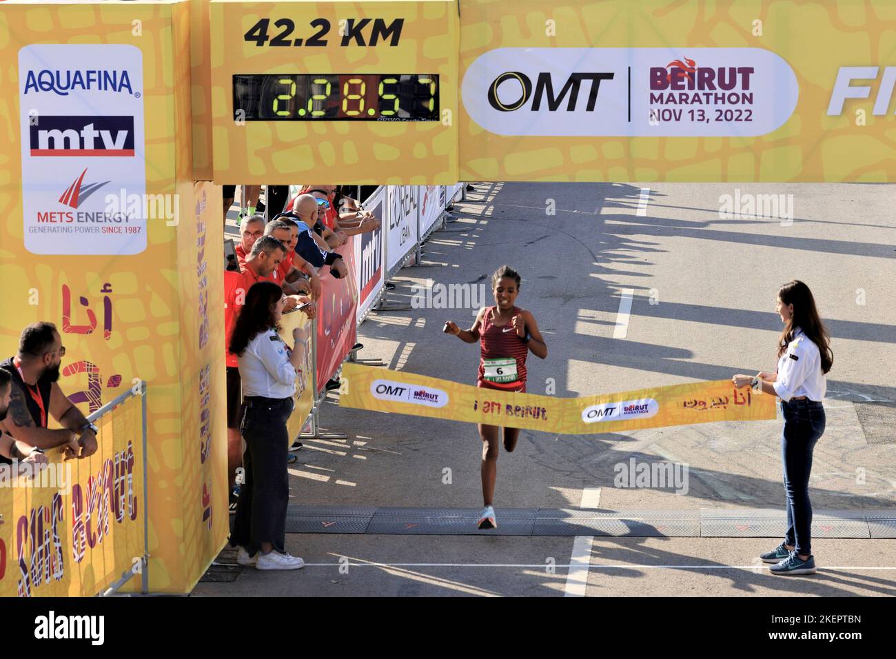 Beirut, Lebanon. 13th Nov, 2022. Ethiopian runner Mologu Ambe crosses ...