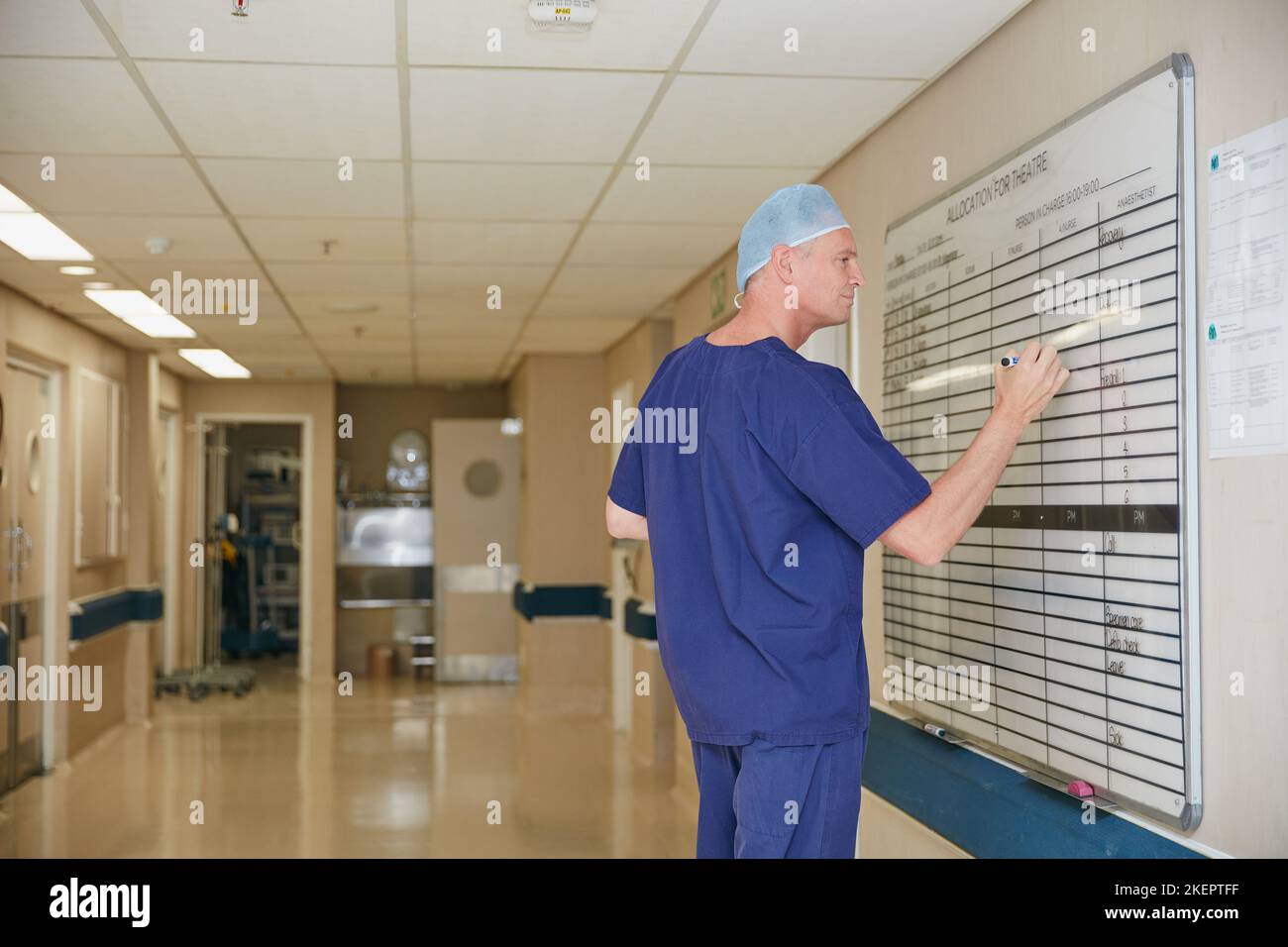 Filling in the weekly rotations. a male doctor writing on a whiteboard ...