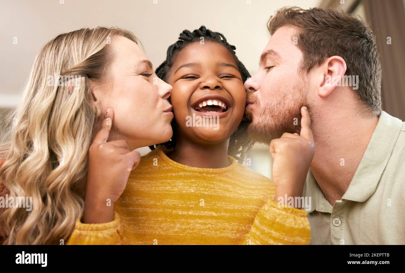 Love, foster and parents kiss daughter for adopted relationship bonding ...